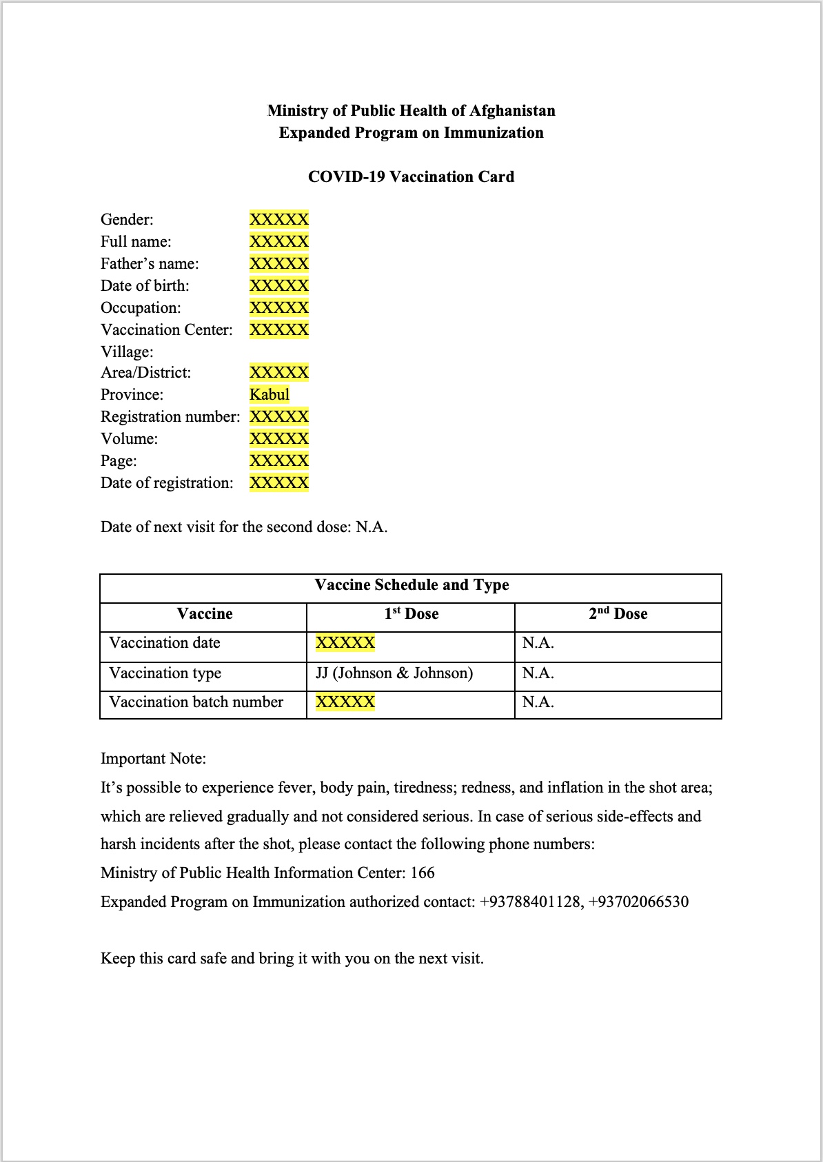 Afghan Official Documents - Templates | Navisa Translation Services