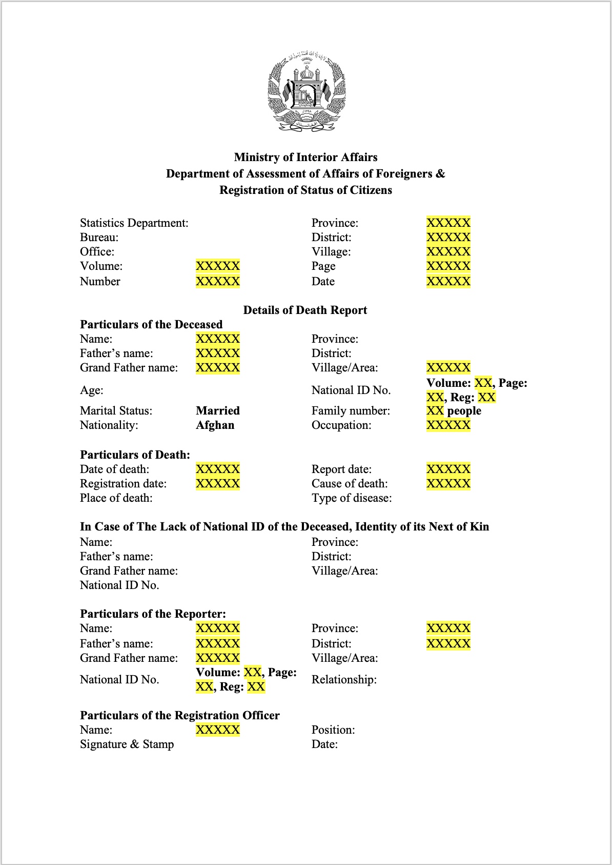 Afghan Official Documents - Templates | Navisa Translation Services