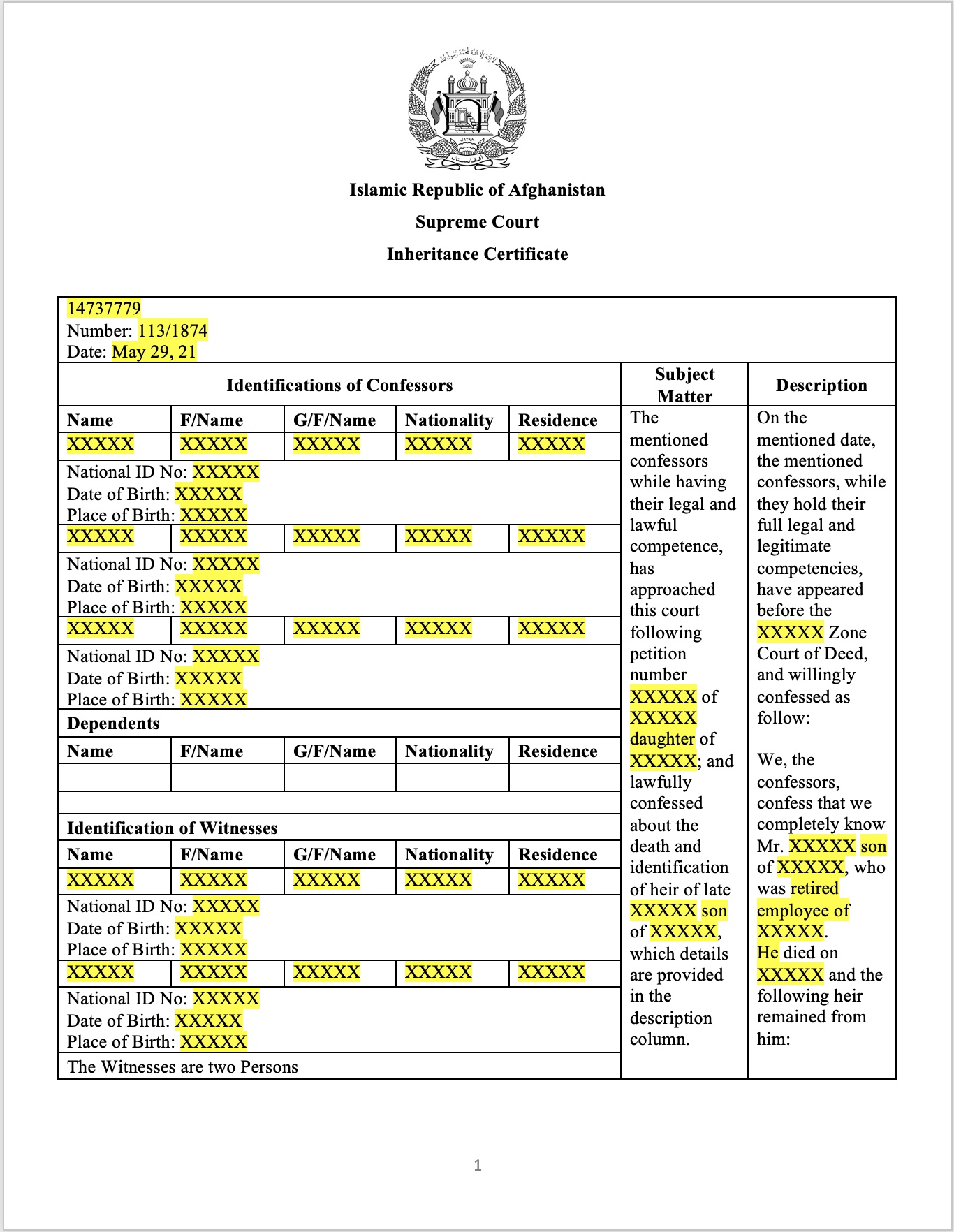 Afghan Official Documents - Templates | Navisa Translation Services